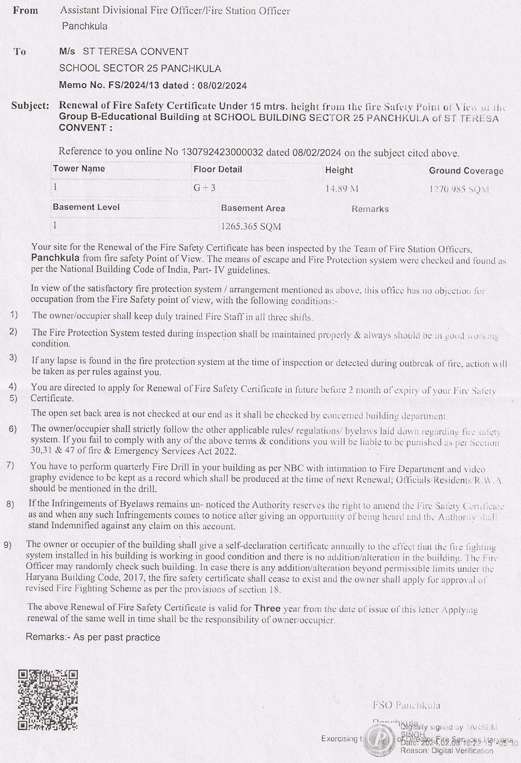 Fire Safety Certificate – St. Teresa Convent School